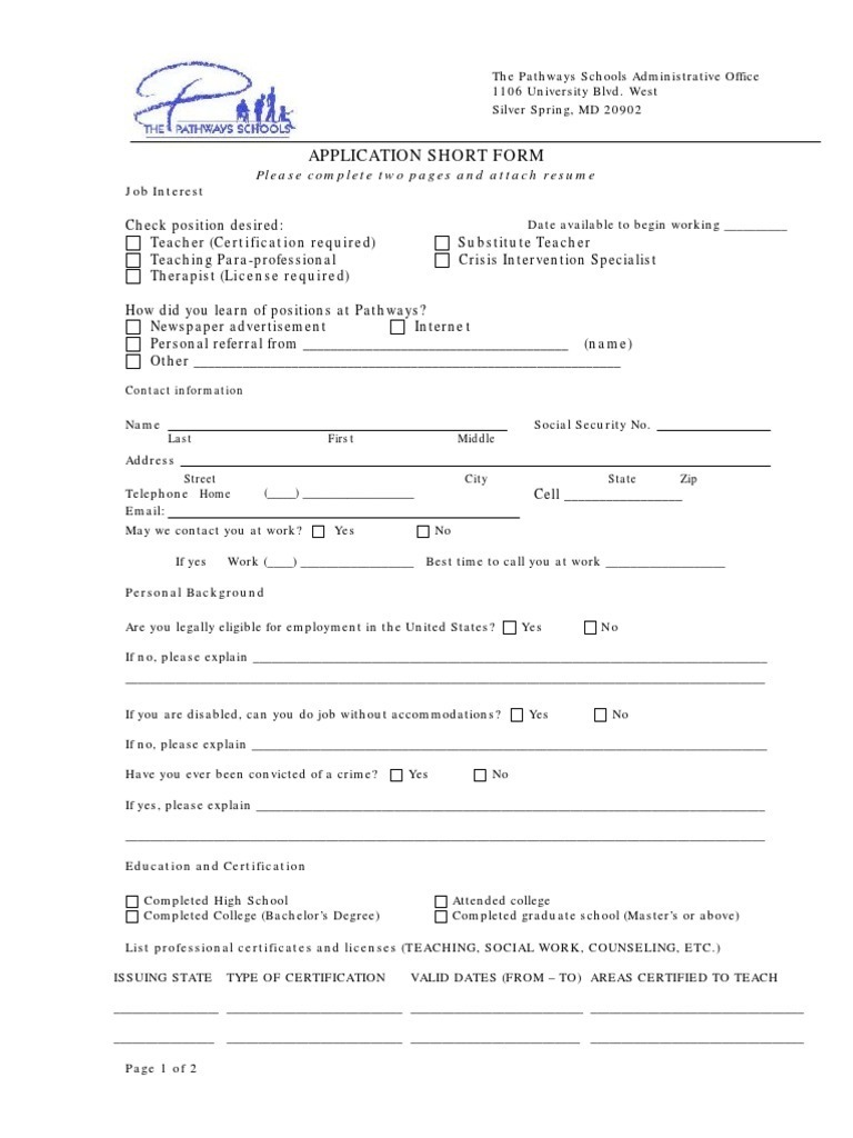 Application Short Form: Please Complete Two Pages and Attach Resume ...