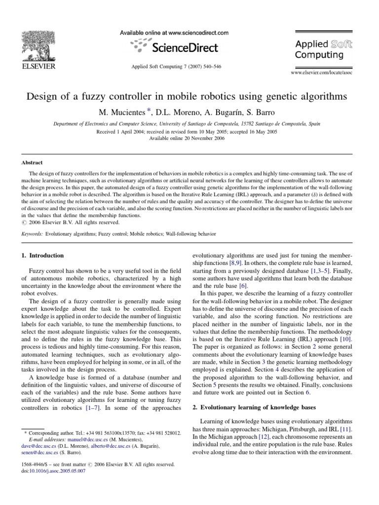 01 Design Of A Fuzzy Controller In Mobile Robotics Using Genetic Algorithms Pdf Fuzzy Logic
