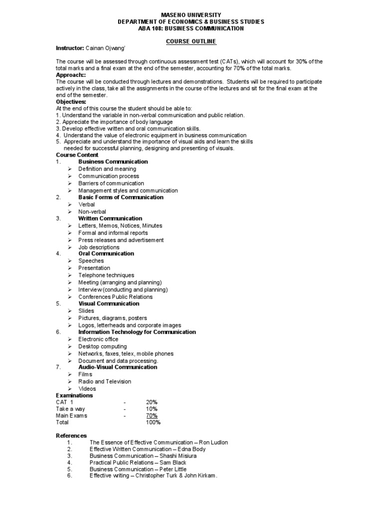Aba 101 Business Communication Course Outline | PDF