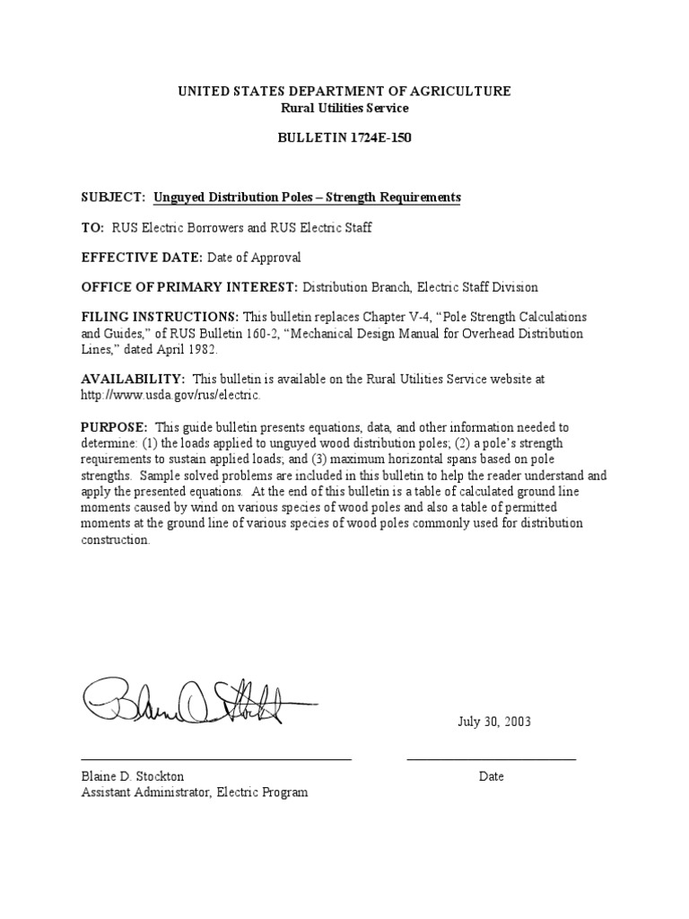 USDA RUS Bulletin 1724E-150 2003 Unguyed Distribution Poles - Strength ...