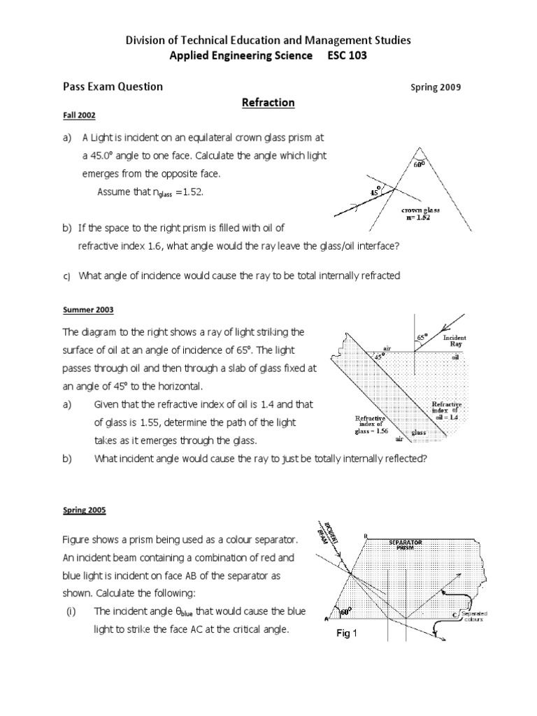 Final Exam Questions #3 - Refraction | PDF | Refraction | Refractive Index