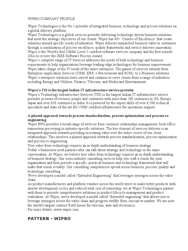 WIPRO COMPANY PROFILE Wipro Technologies Is The No.1 Provider of | PDF ...