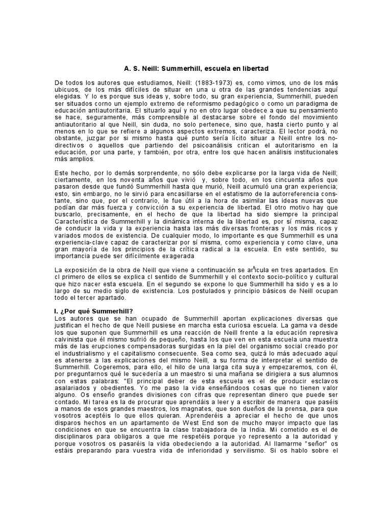 Neill La Cuestion Escolar Summerhill Escuela en Libertad | PDF | Libertad | Adultos