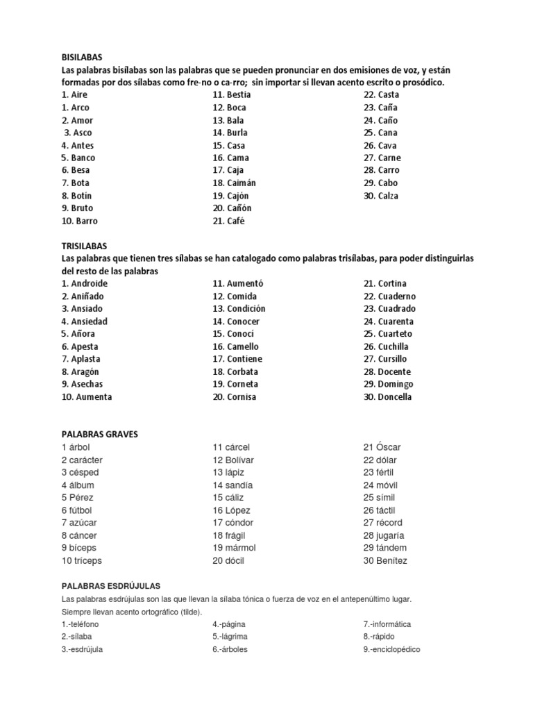 Ejemplos de Palabras Bisílabas y Trisílabas | PDF | Palabra | Adverbio