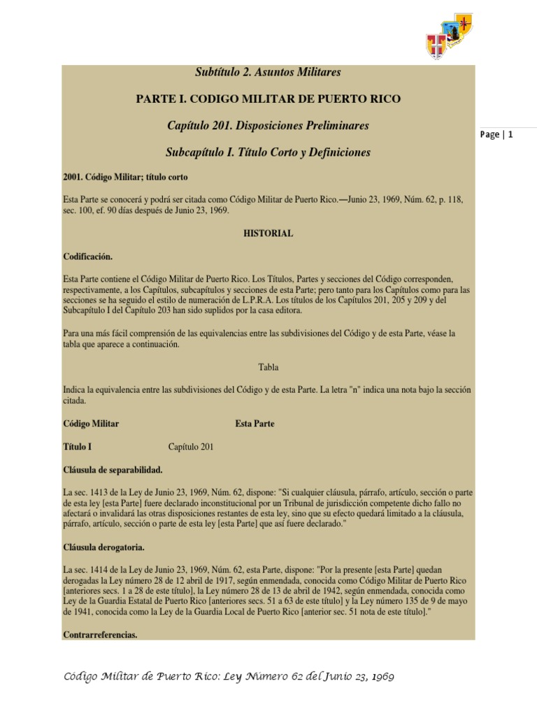Codigo Militar Puerto Rico (Puerto Rico Code of Military Justice) | PDF ...