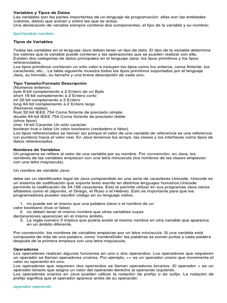 Tipos de Datos y Variables en Java | PDF | Java (lenguaje de programación) | Poco