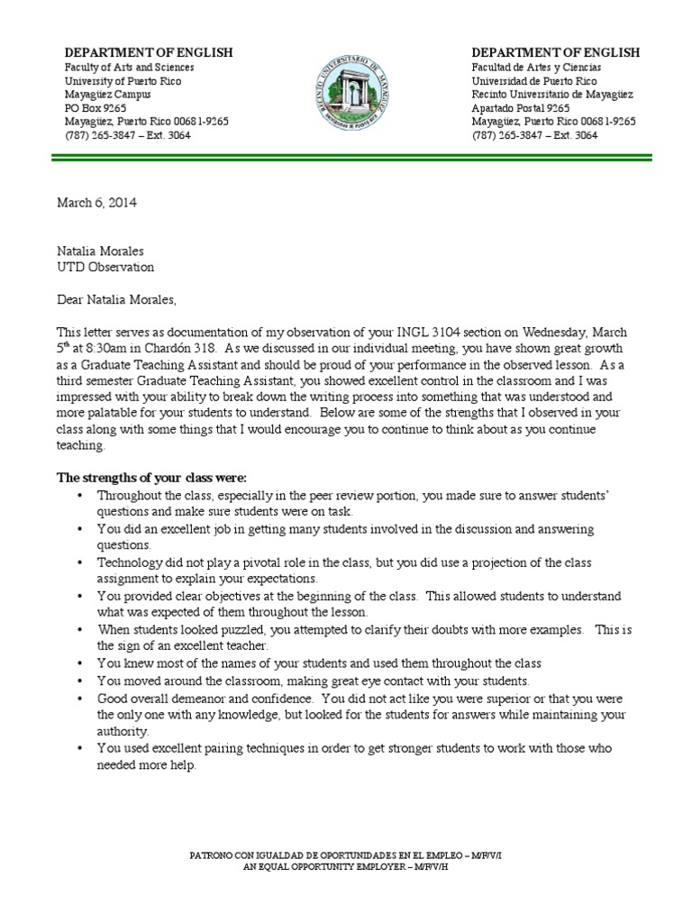 Natalia Morales Observation Letter | PDF | Pedagogy | Teaching