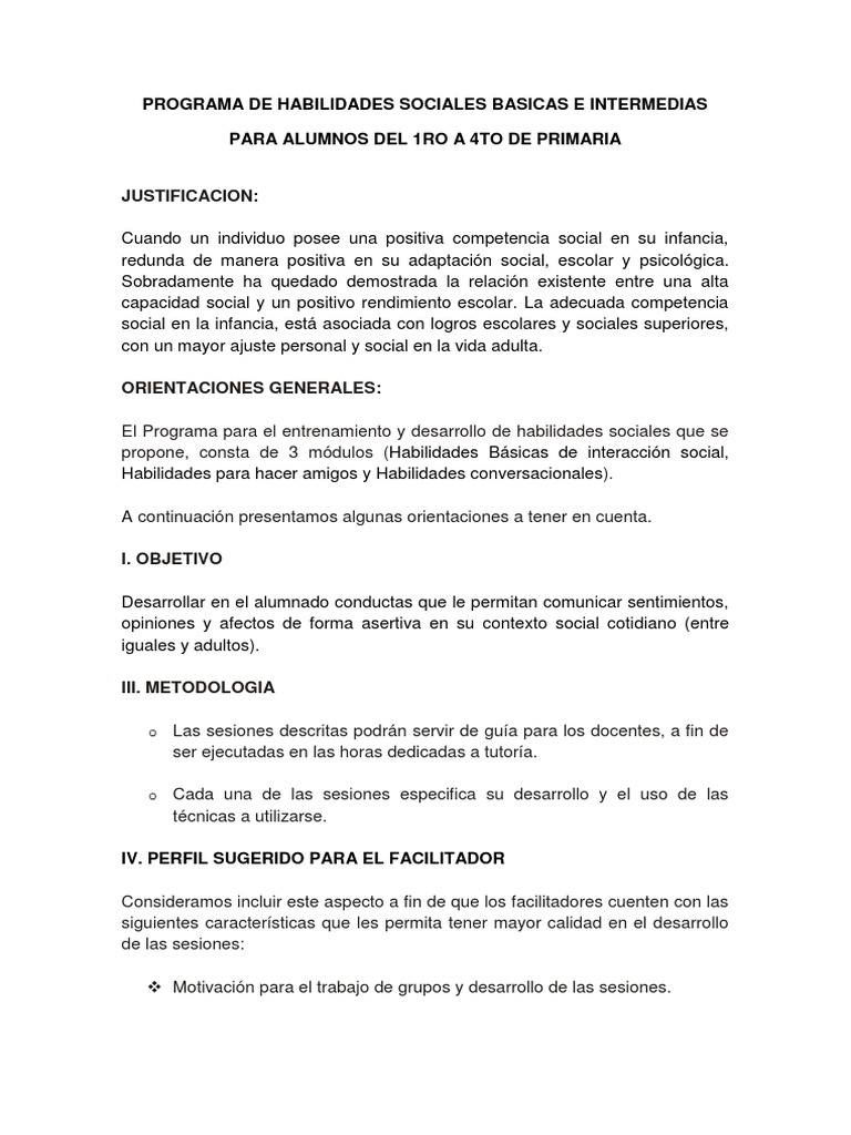 Programa de Habilidades Sociales Primaria 1ro A 4to | PDF | Habilidades sociales | Aprendizaje