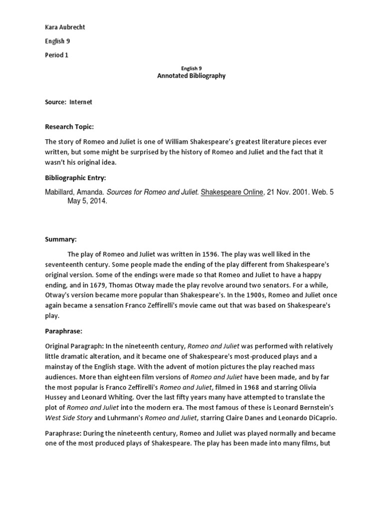 Research Topic:: Annotated Bibliography | PDF | Romeo And Juliet ...
