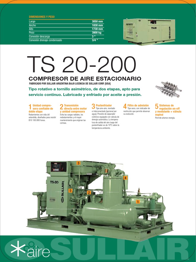 Ficha Técnica Compresor de Aire Sullair TS 20 200 | PDF | Compresor de gas | Diodo emisor de luz