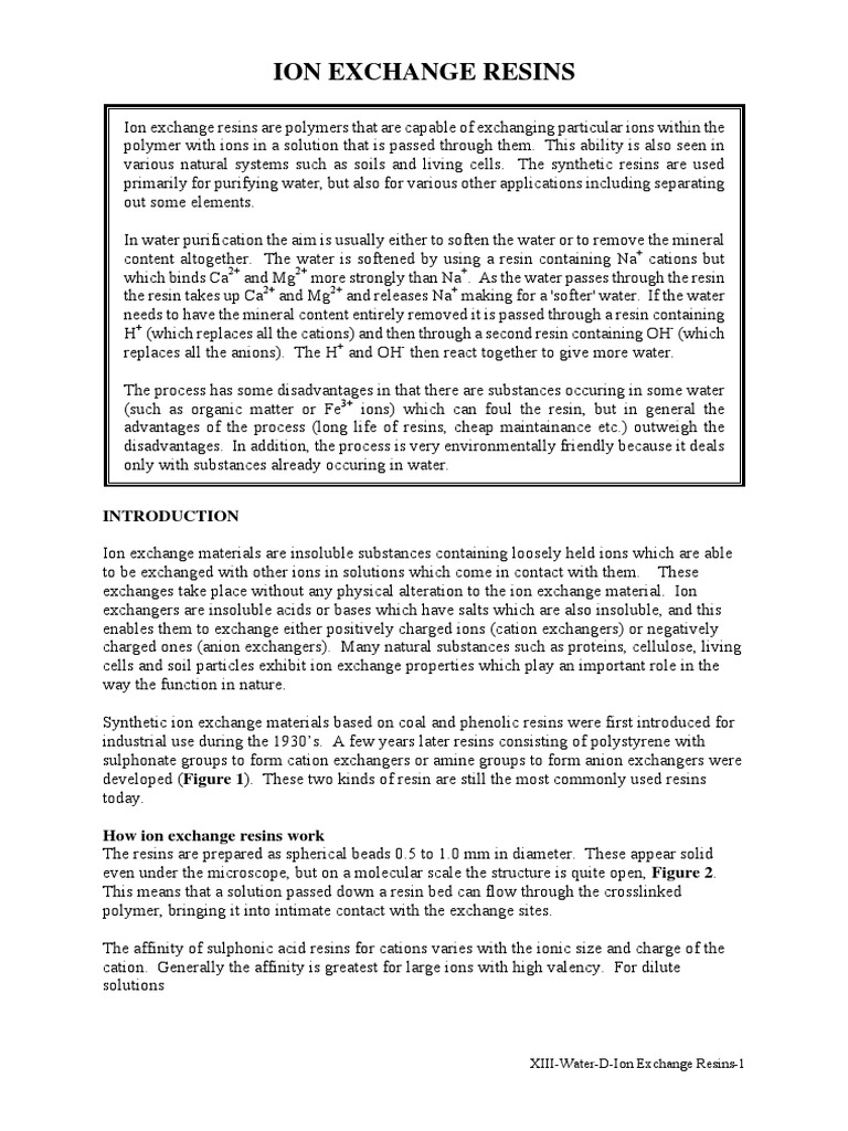 Ion Exchange Resins in Water Purification | PDF