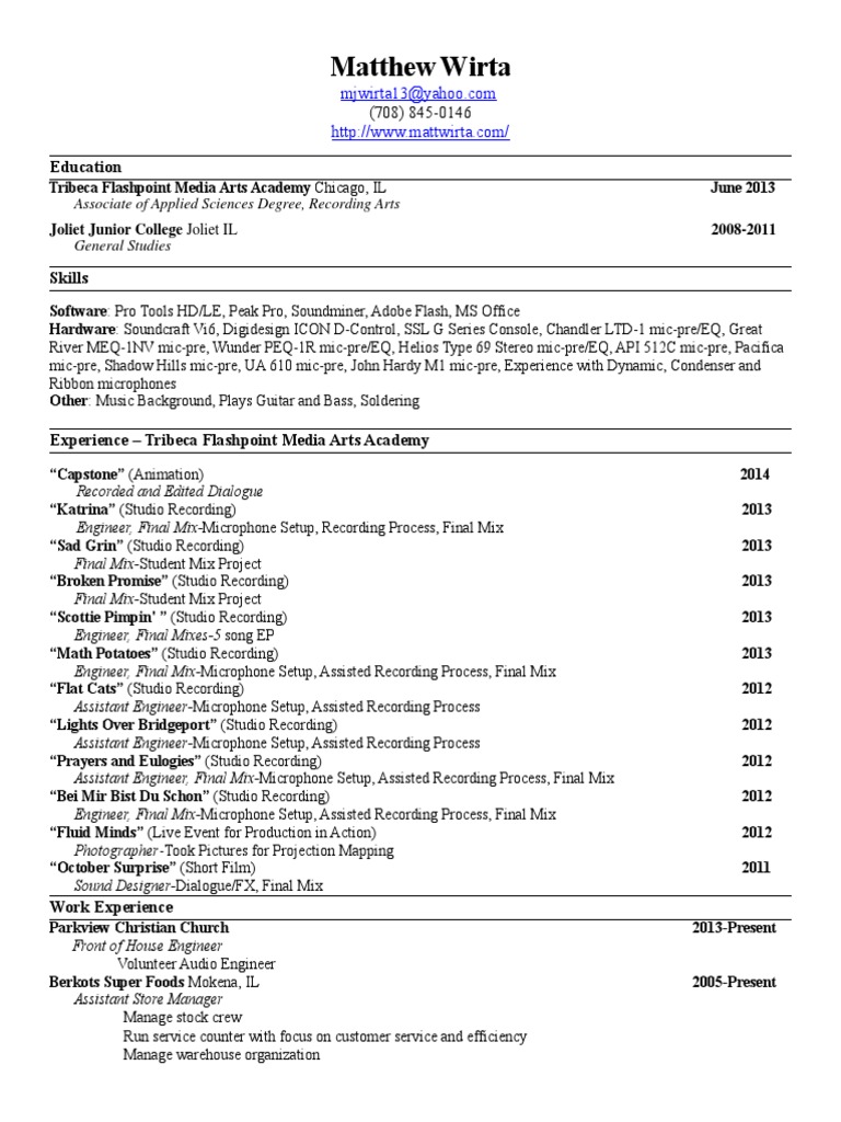 Cory Wirta's Audio Engineering Profile | PDF | Games & Activities ...