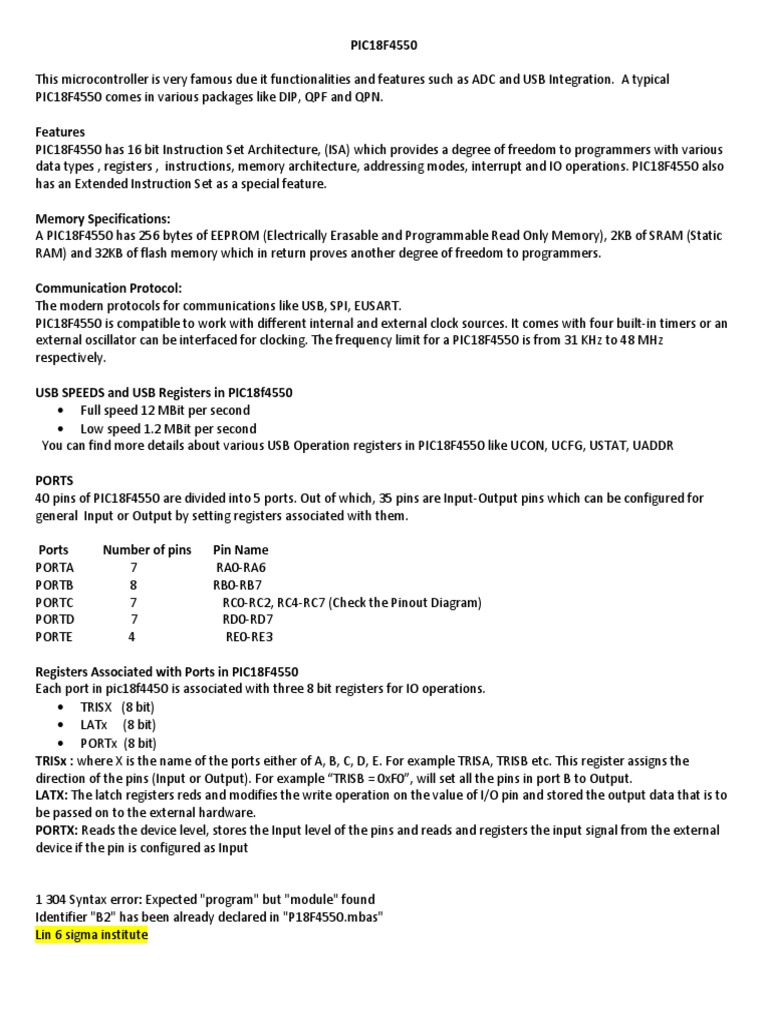 PIC18F4550 Overview | PDF | Input/Output | Instruction Set