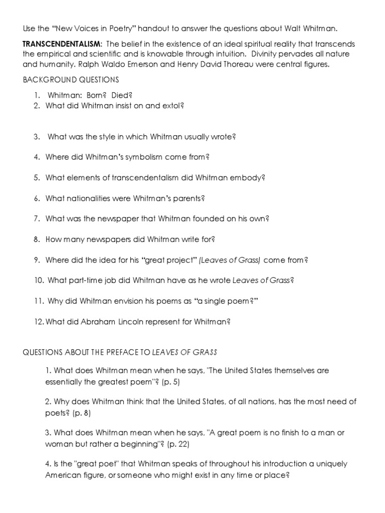 Whitman Background Questions and Preface Questions | PDF | Walt Whitman ...