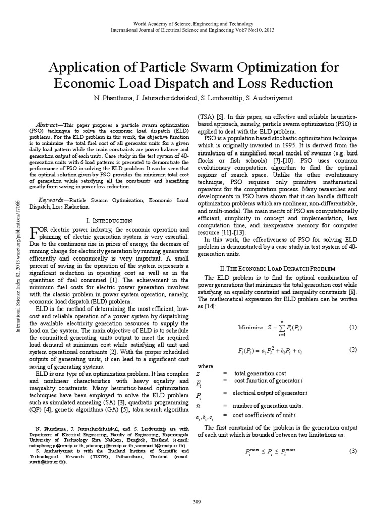 Application Of Particle Swarm Optimization For Economic Load Dispatch And Loss Reduction Pdf