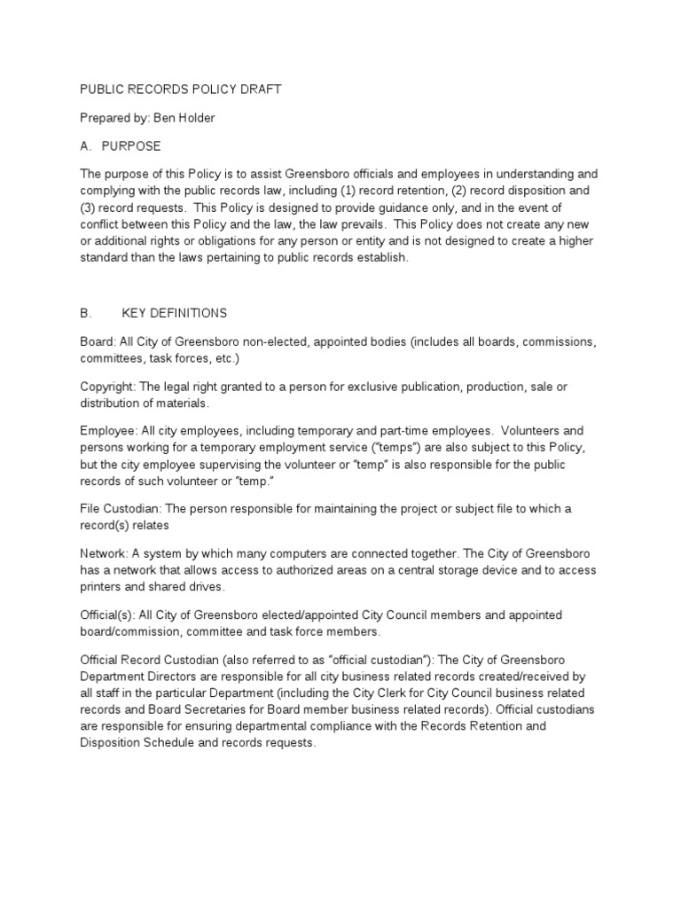 Greensboro Public Records Policy Draft | PDF | Language Arts & Discipline