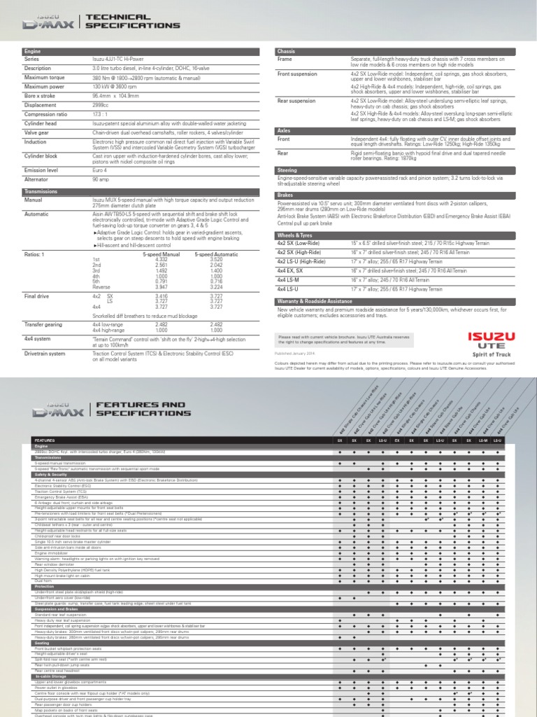 2013 Isuzu D-MAX Vehicle Spec Sheet | PDF | Automatic Transmission ...