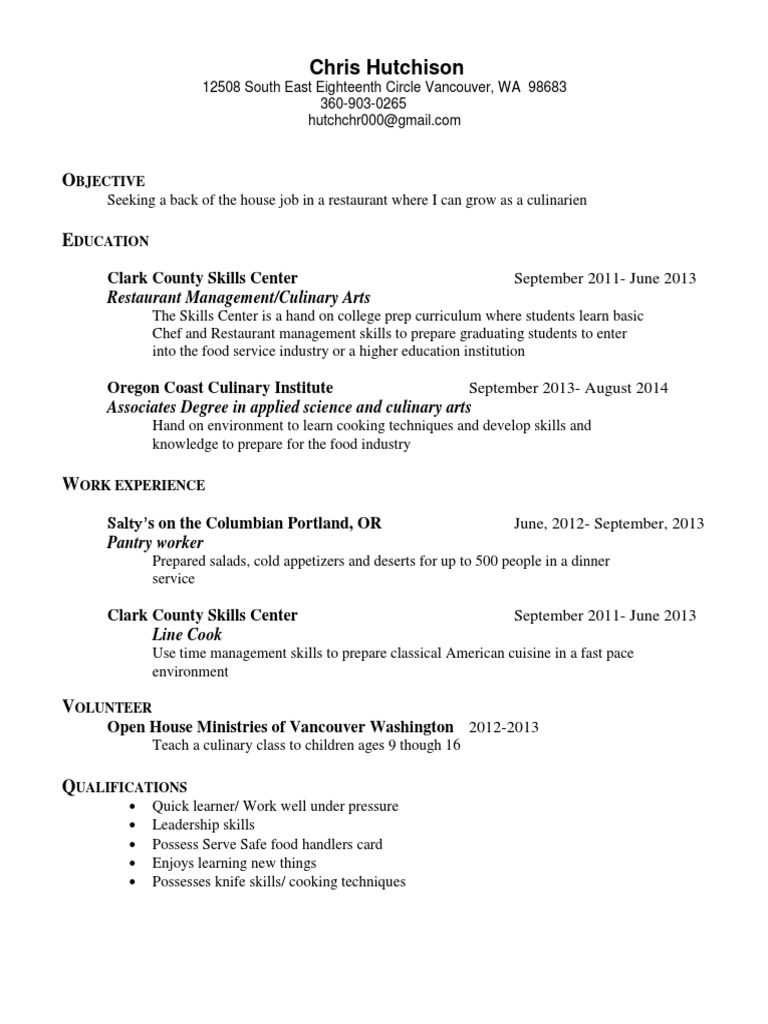 Culinary Resume of Chris Hutchison | PDF