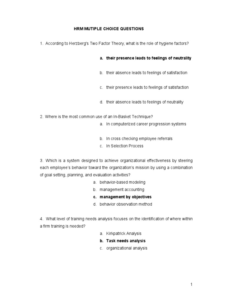 HRM Multiple Choice Questions Guide | PDF | Leadership | Business