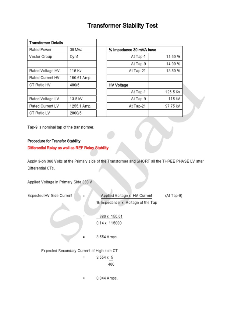Transformer Differential Stability Test | PDF | Volt | Relay