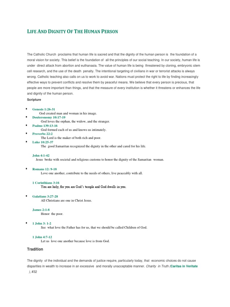 Life and Dignity of the Human Person | Dignity | Catholic Social Teaching