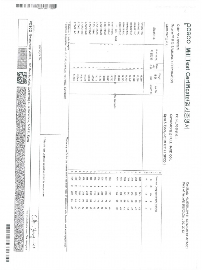 Posco Korea MTC Sample | PDF