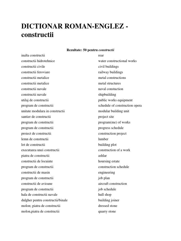 Dictionar Roman-Englez - Constructii