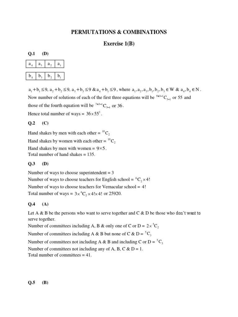 Permutations And Combinations Exercise 1 B Pdf Numbers Mathematical Concepts