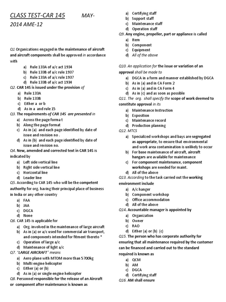 Class Test-Car 145: May-2014 AME-12 | PDF | Federal Aviation ...