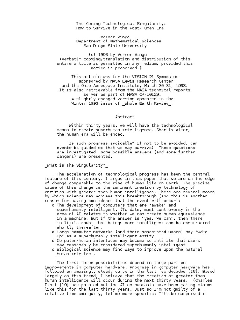 Vinge, Vernon: The Coming Technological Singularity | PDF | Technological Singularity ...