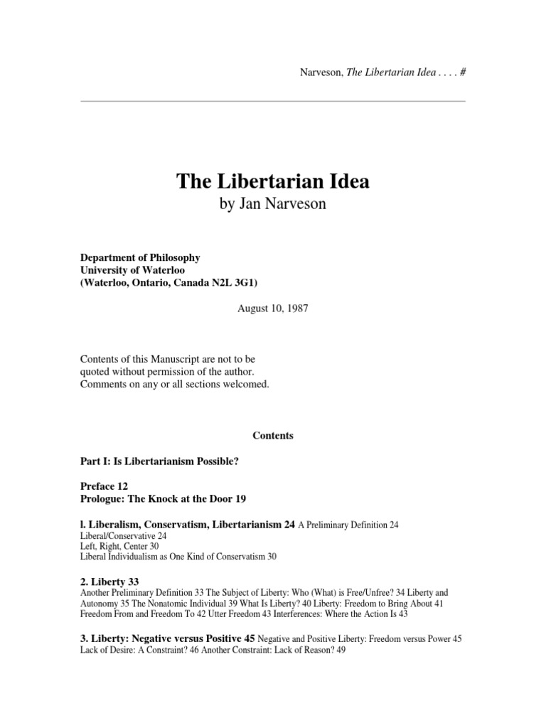 The Libertarian Idea by Jan Narveson | PDF | Philosophy