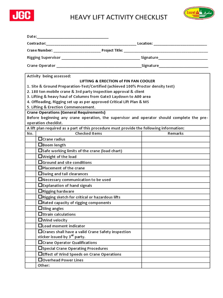 Heavy Lift Activity Checklist: Lifting & Erection of Fin Fan Cooler ...