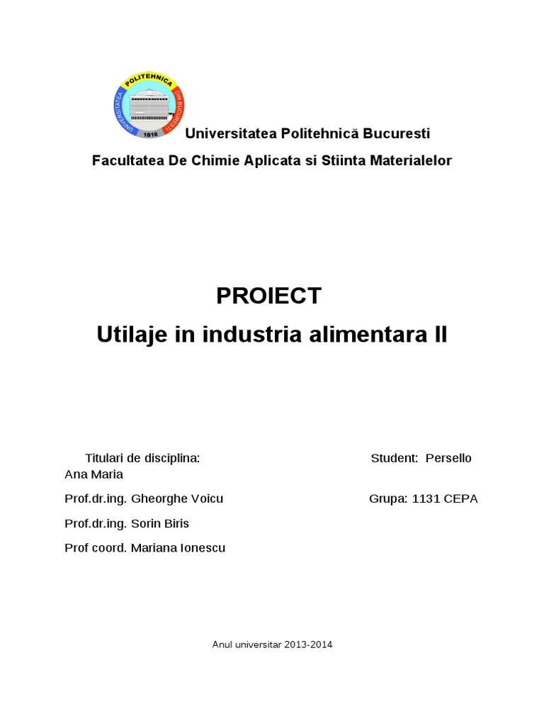 Proiect Utilaje in Industria Alimentara II | PDF