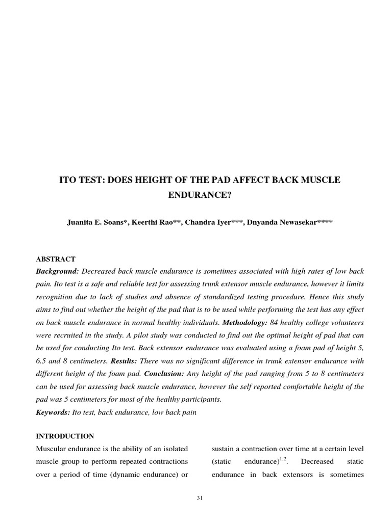Ito Test: Does Height of The Pad Affect Back Muscle Endurance? | PDF ...