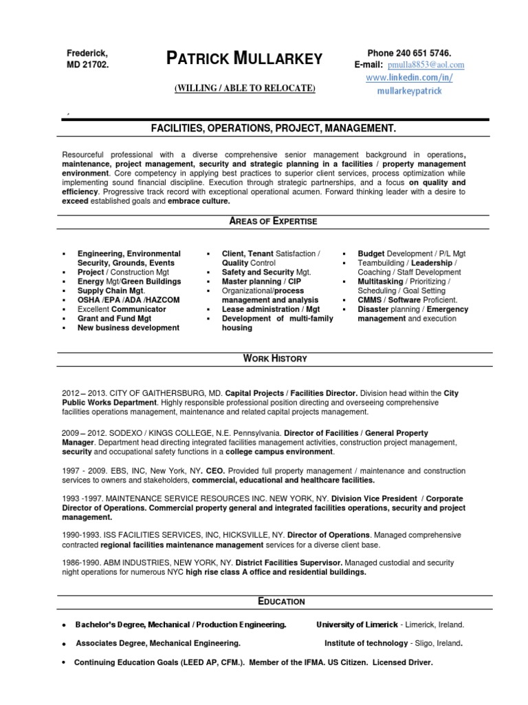 Director Facilities Operations Management in Washington, DC Resume ...