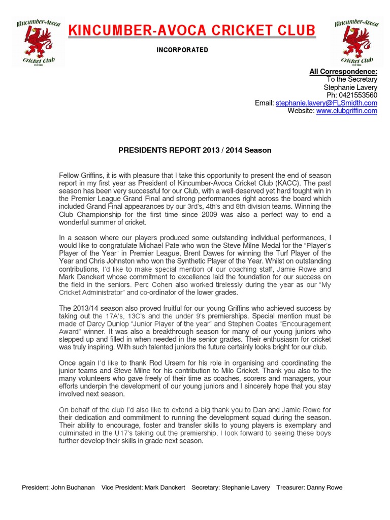 Presidents Report (Season 2013-14) | PDF | Ball And Bat Games | Cricket