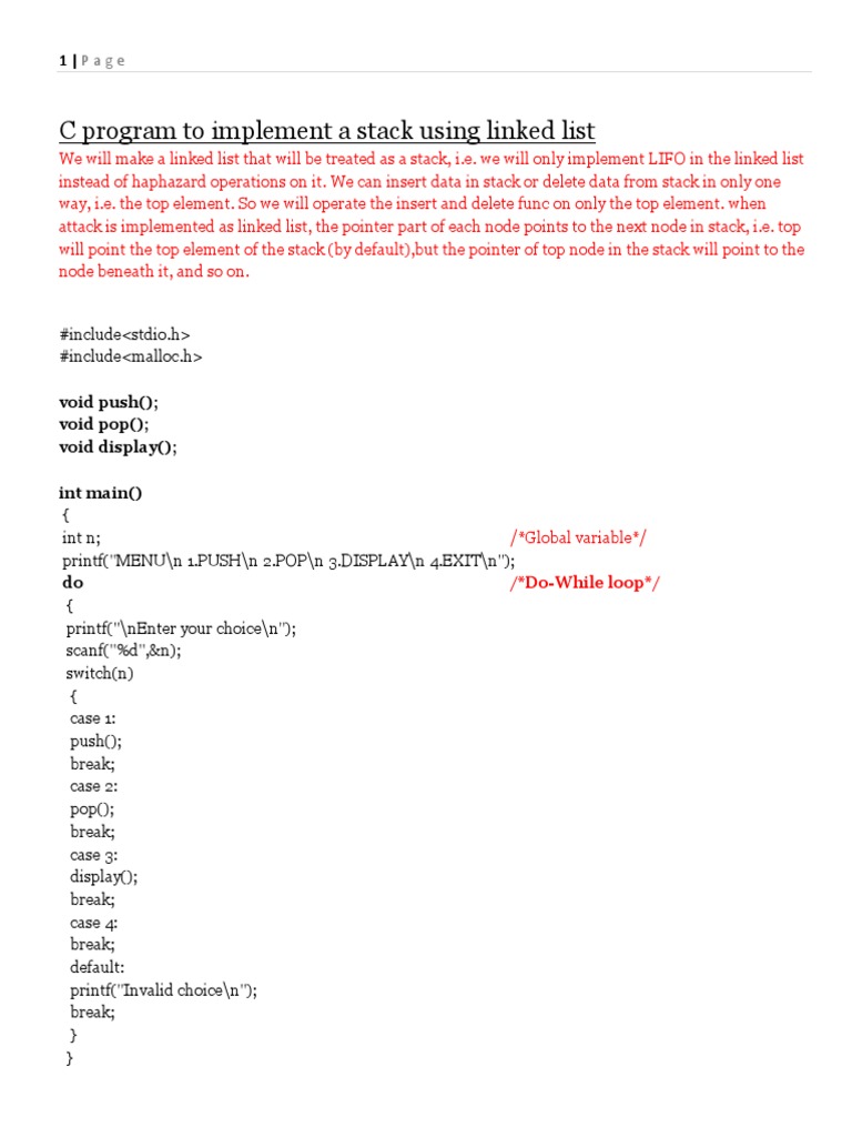 C Program To Implement A Stack Using Linked List: Void Push Void Pop Void Display Int Main | PDF ...
