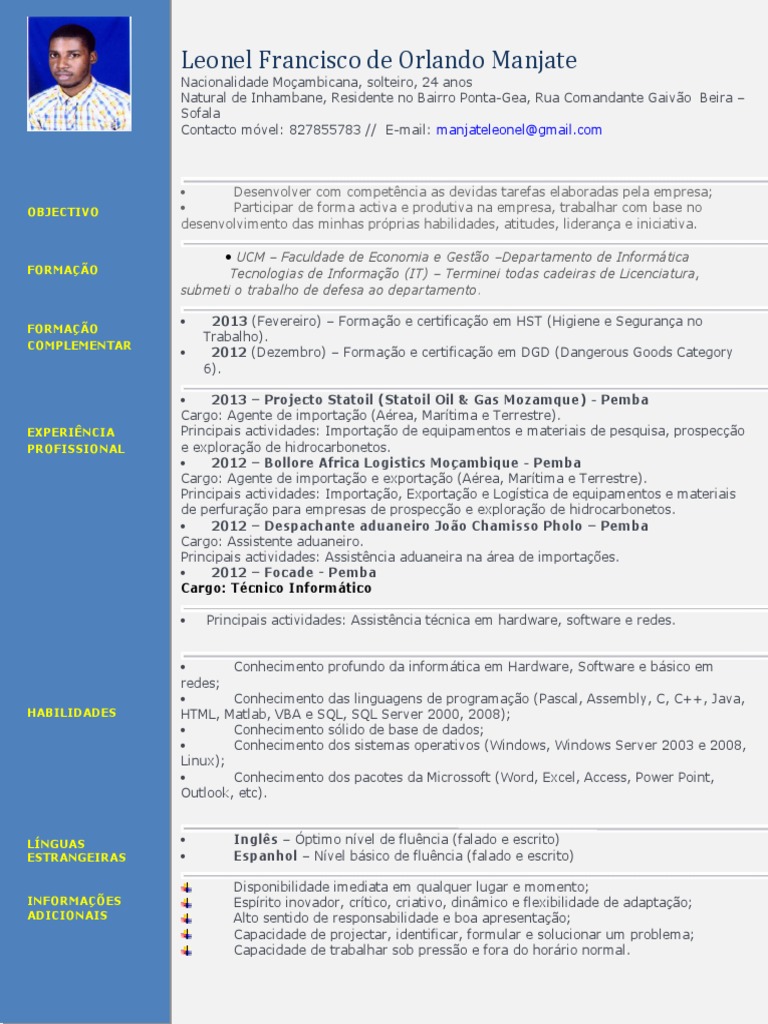 Curriculum Vitae Leonel Manjate | PDF | Informática | Programas