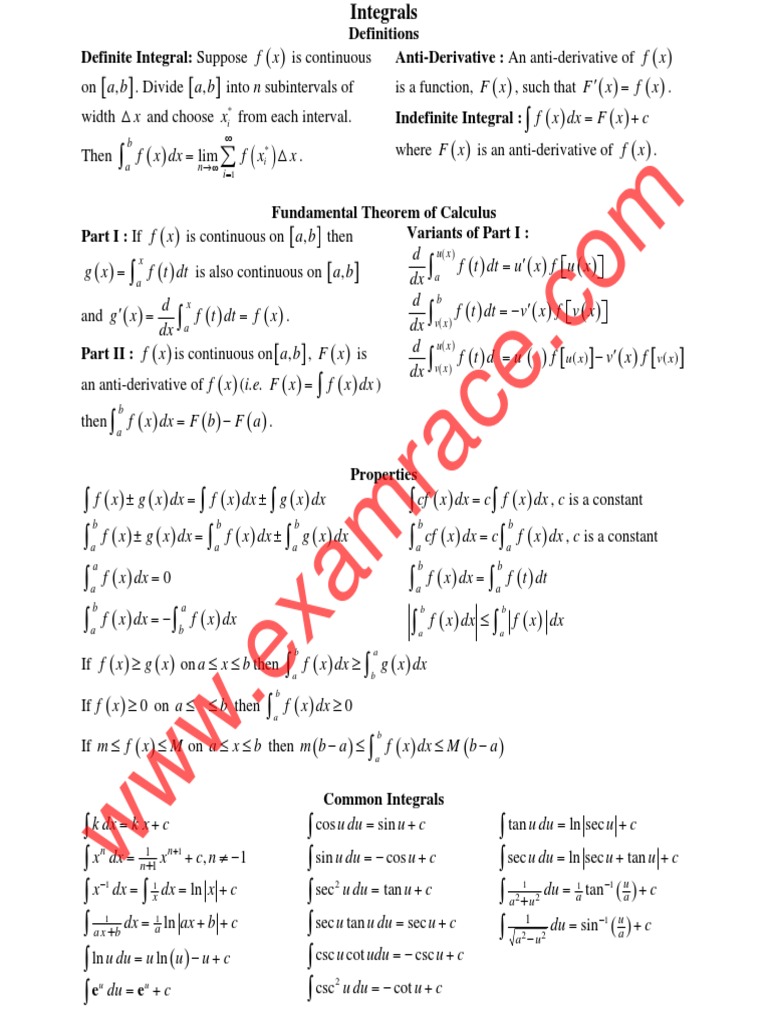Integrals: Definitions Definite Integral: Suppose Anti-Derivative: An ...