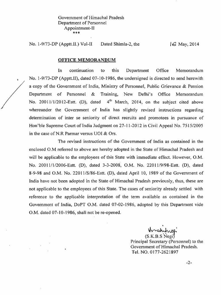 Inetr Se Seniority Rules 2014 For Direct Recruitees in HP | PDF ...