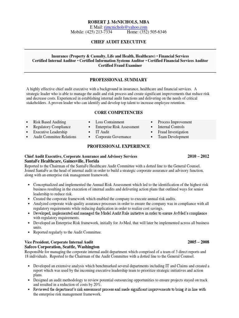 Chief Audit Executive Financial in Gainesville FL Resume Robert ...