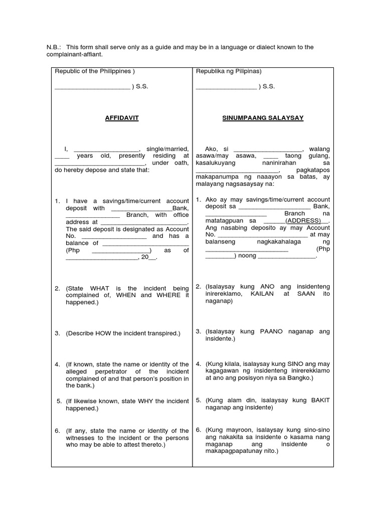 Pro Forma Sinumpaang Salaysay