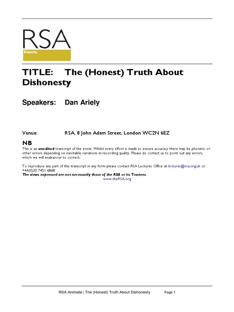 RSA Lecture Dan Ariely Transcript | PDF | Good And Evil