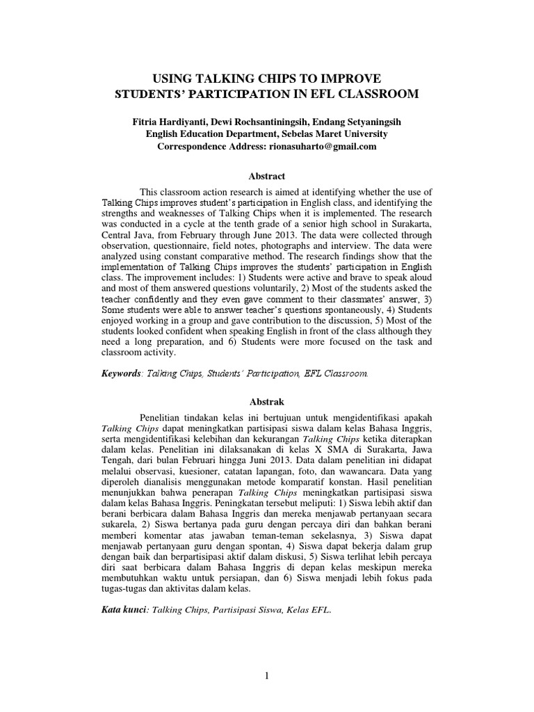 Using Talking Chips To Improve Students' Participation in English Class ...