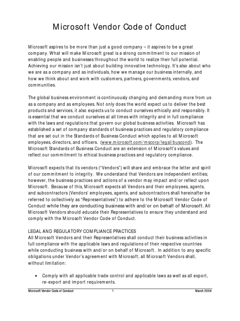 Microsoft Vendor Code of Conduct | Employment | Business Ethics
