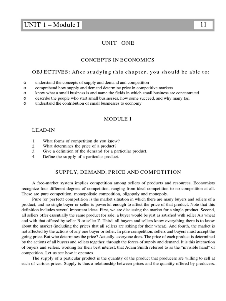 UNIT 1 - Module I 11: Concepts in Economics OBJECTIVES: After Studying ...