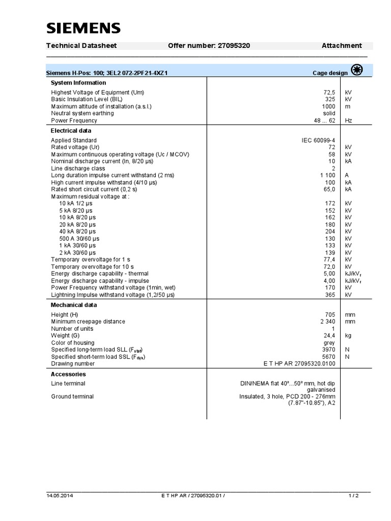 Siemens Surge Arrester Technical Datasheet | Insulator (Electricity) | Volt