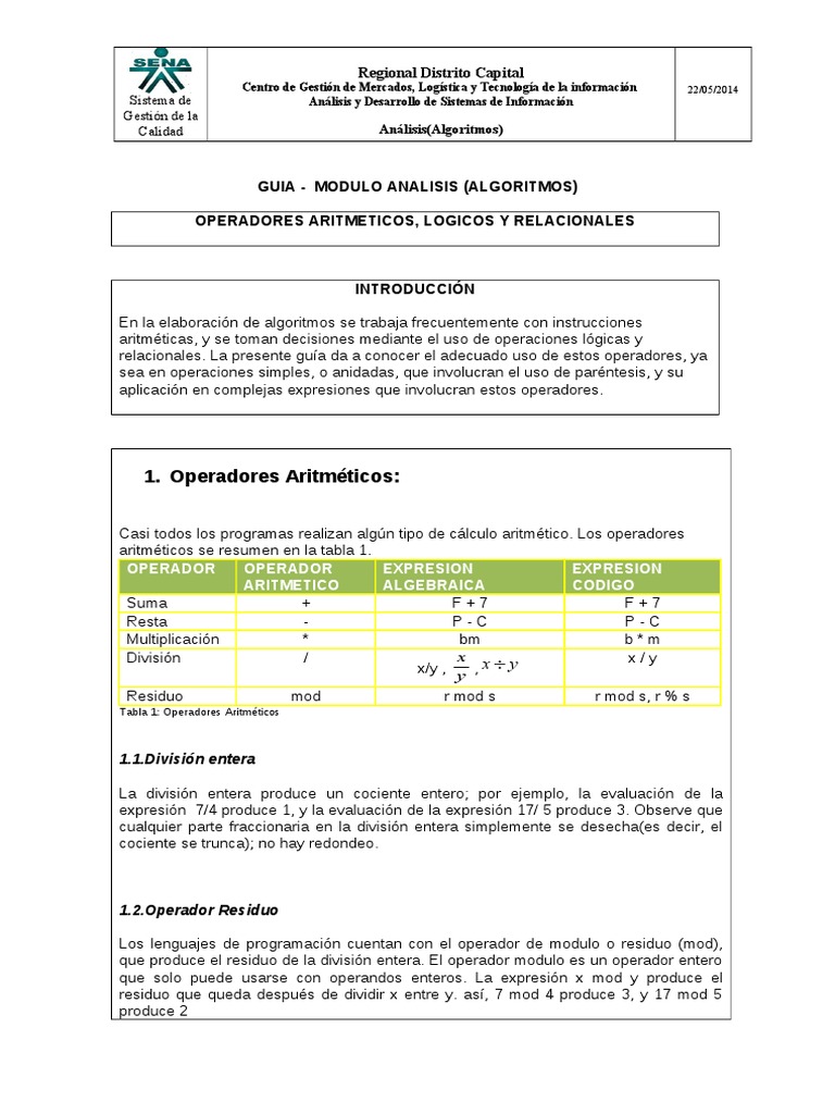 Guía de Operadores en Algoritmos | PDF | División (Matemáticas) | Soporte