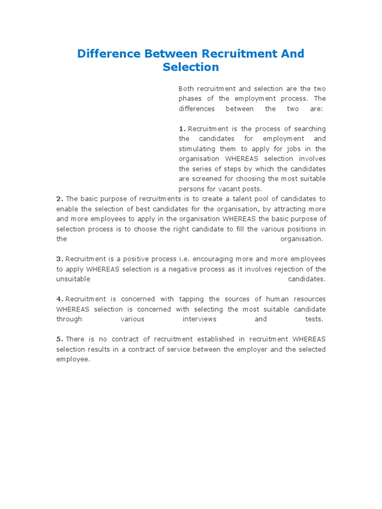 Difference Between Recruitment and Selection | PDF | Recruitment ...
