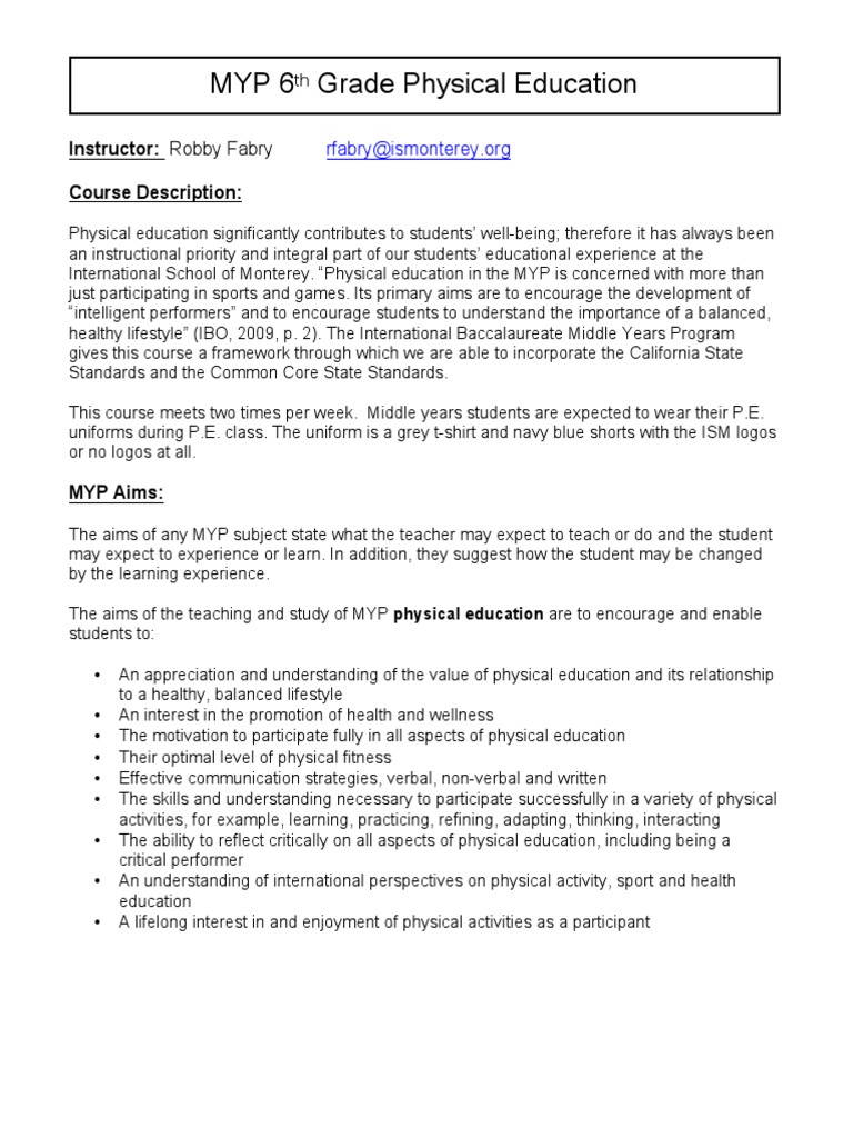 MYP 6th Grade Physical Education Overview | PDF | Physical Education ...
